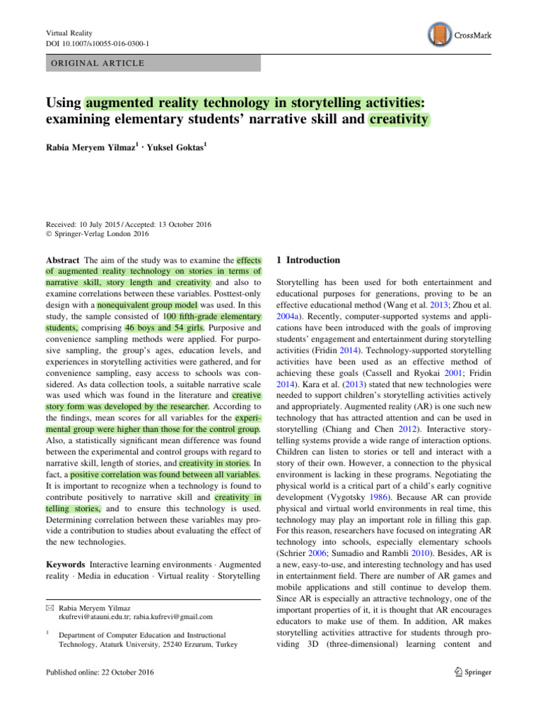 Augmented Reality in Storytelling for Kids | PDF | Variance | Learning