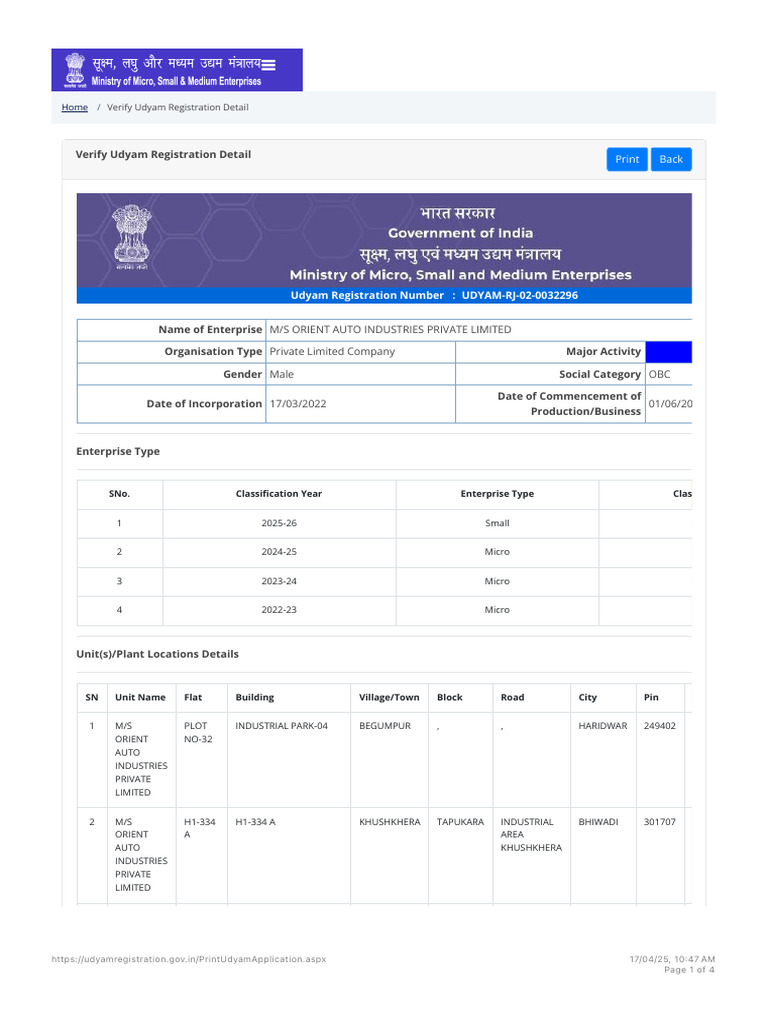 Udyam Registration Details for MSME | PDF | Business