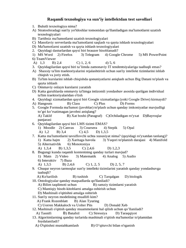 Raqamli Texnologiya Va SI Dan Test | PDF