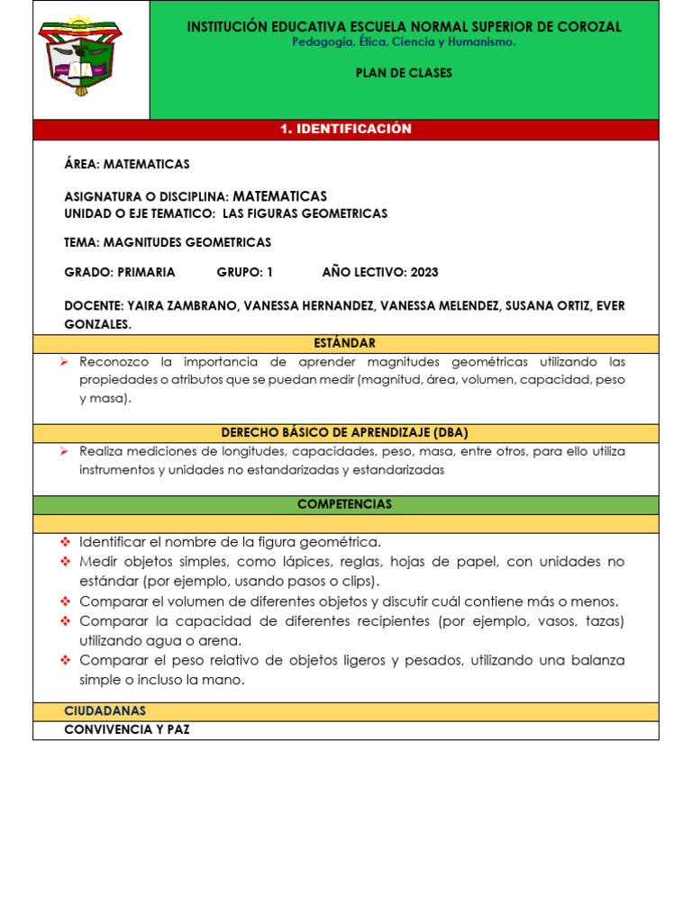 Plan de Clase Matematicas. (Definitivo) | PDF | Medición | Volumen