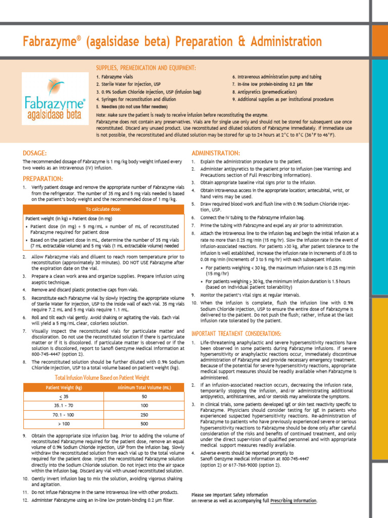 Fabrazyme Preparation & Administration Information Sheet | PDF ...