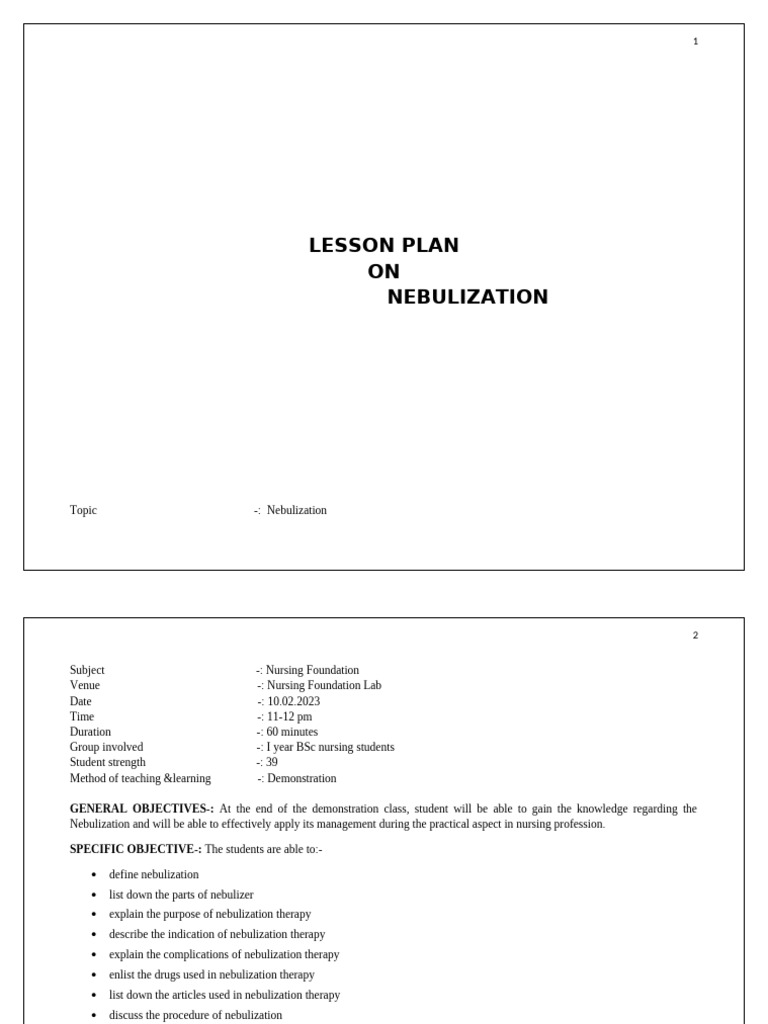 Lesson Plan On Nebulization | PDF | Pneumonia | Cough