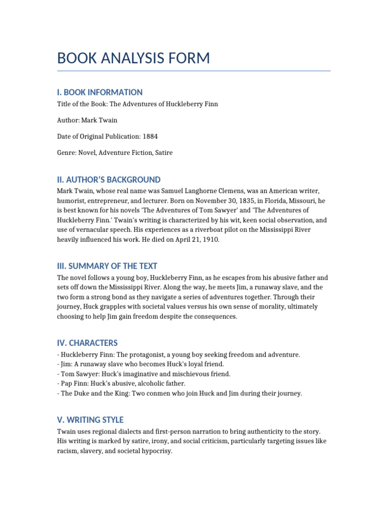 Book Analysis Huckleberry Finn | PDF