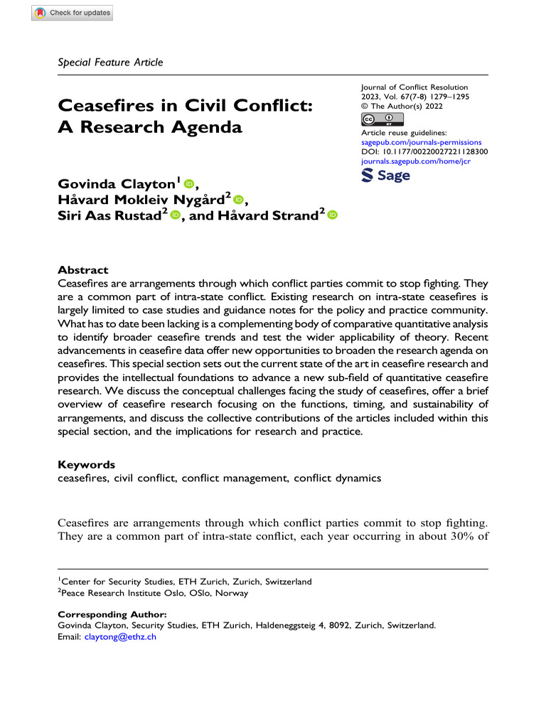 Clayton Et Al 2022 Ceasefires in Civil Conflict A Research Agenda | PDF | Ceasefire | Peacekeeping