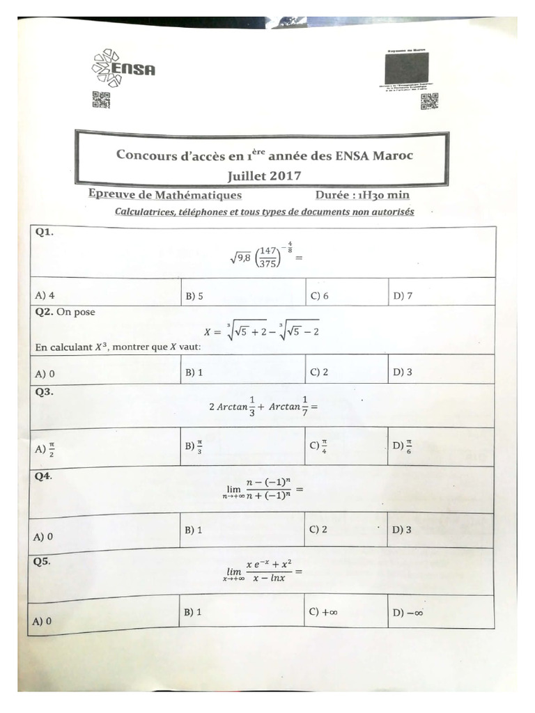 Concours ENSA Maths 2017 | PDF