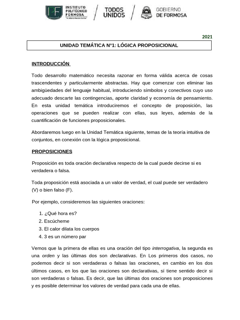 Unidad Temática N°1 - Lógica Proposicional | PDF | Proposición | Verdad