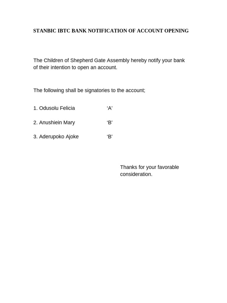 Stanbic Ibtc Bank Notification of Account Opening | PDF