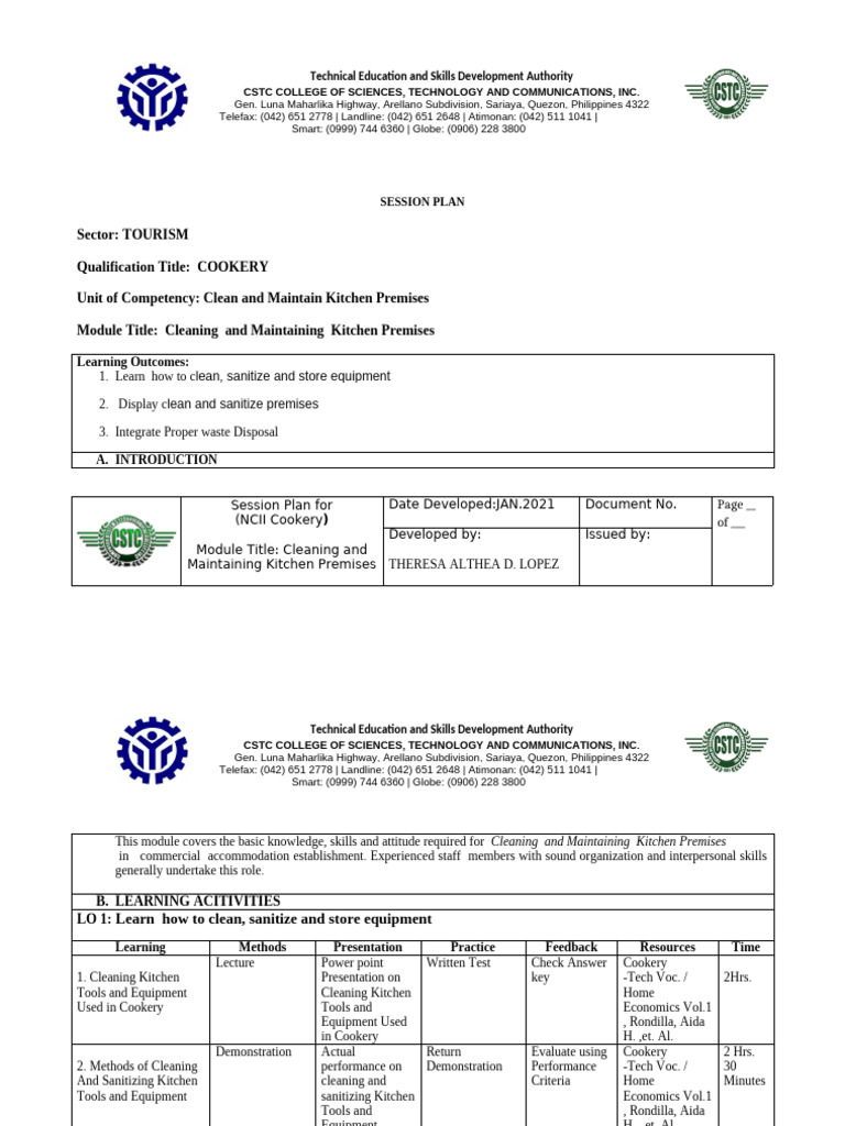 Session Plan Cookery C 1 | PDF | Learning