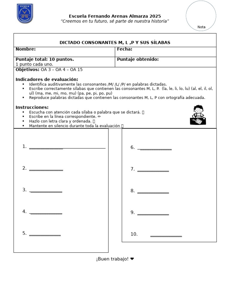 DICTADO CONSONANTE M, L, P Y SUS SÍLABAS | PDF