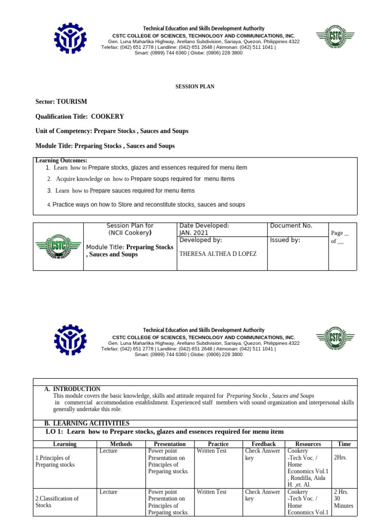 Session Plan Cookery C 2 | PDF