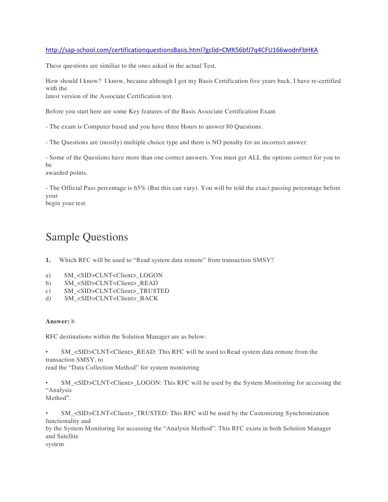 Sample Questions: 1. Which RFC Will Be Used To "Read System Data Remote ...