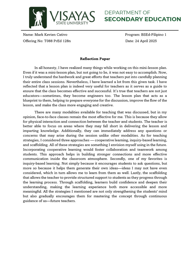 Reflection on Mini-Lesson Planning | PDF | Lesson Plan | Teachers
