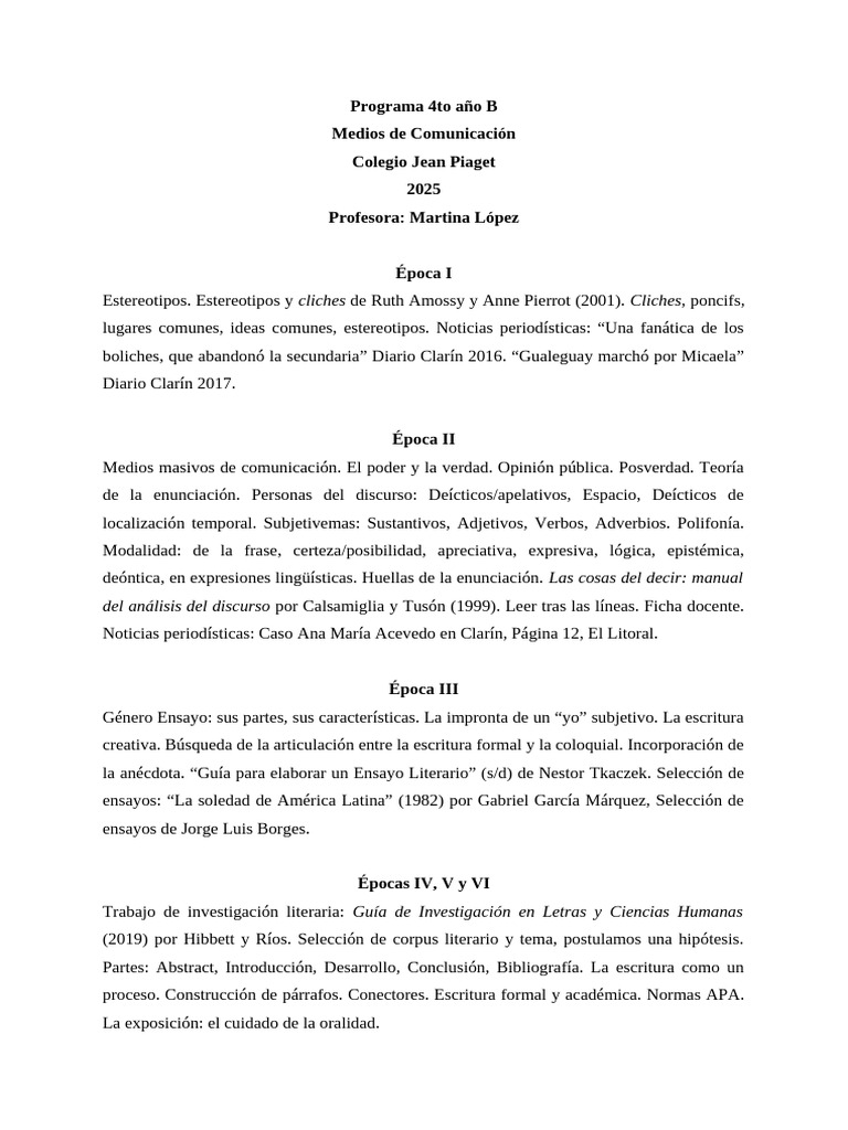 Programa 4to Medios de Comunicación 2025 | PDF