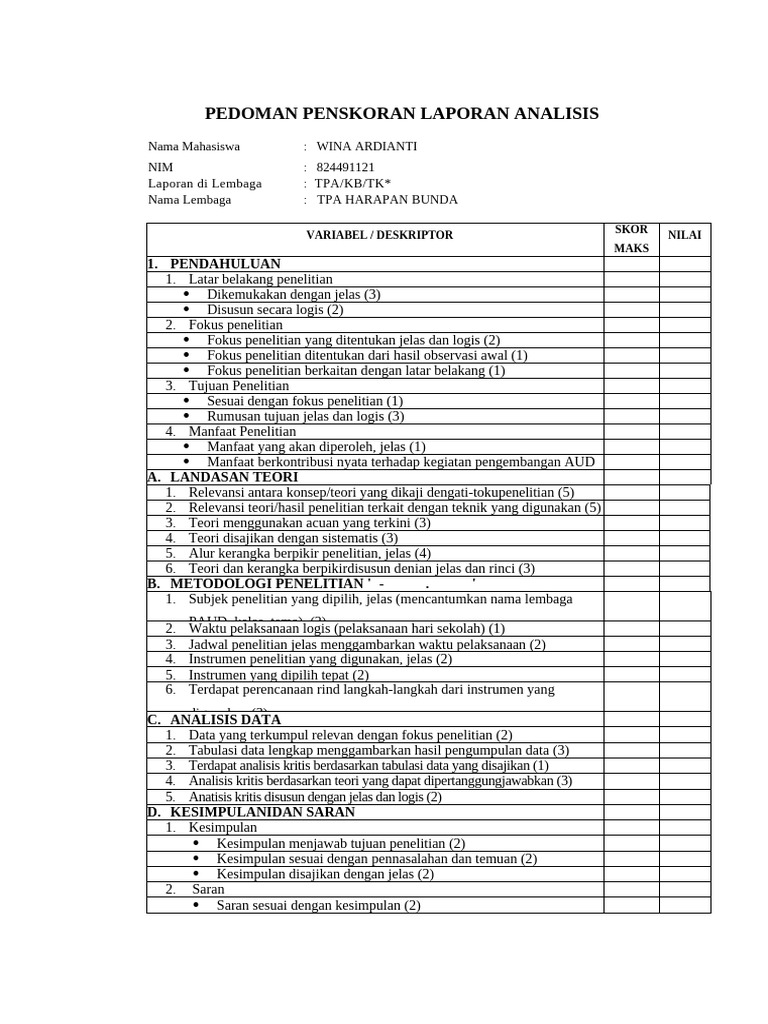 Pedoman Penskoran Laporan Analisis | PDF