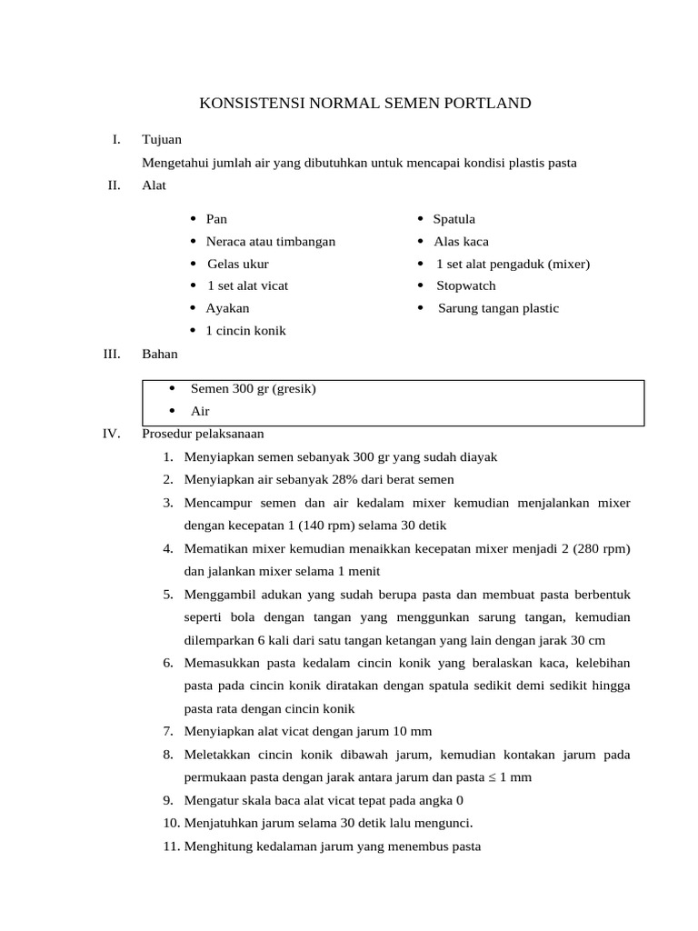 Konsistensi Normal Semen Portland 28% | PDF