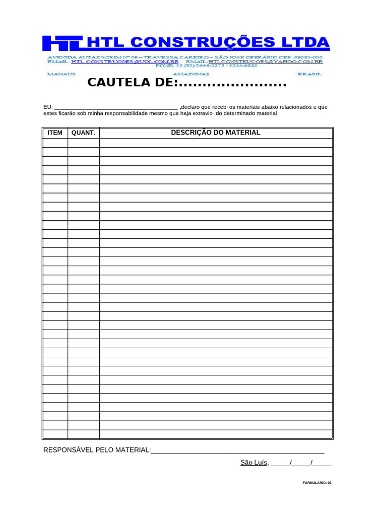 Modelo de Cautela de Material | PDF