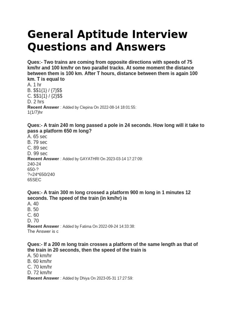 General Aptitude Interview Questions and Answers | PDF | Speed | Metre