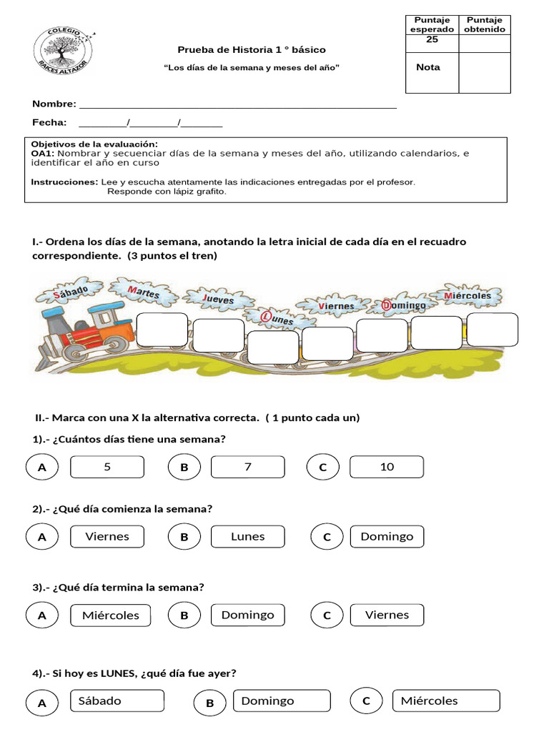 Días y meses: Prueba de Historia 1° Básico | PDF