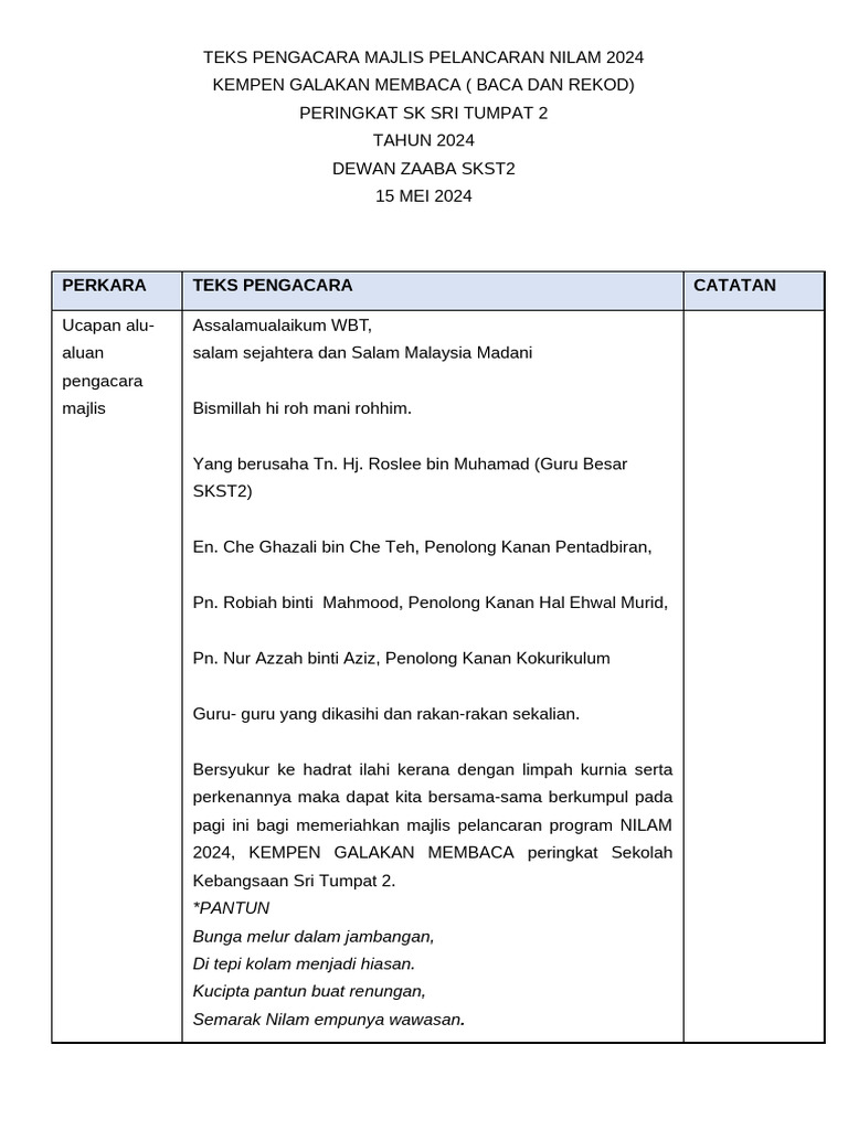 Teks Pengacara Majlis Pelancaran Nilam 2024 | PDF