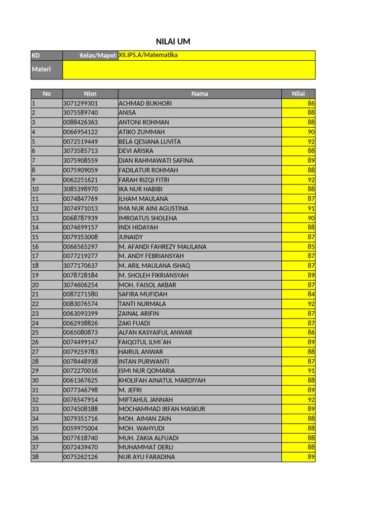 Rekap Nilai Um MTK | PDF