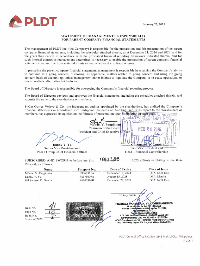 PLDT Inc. (Parent Company) - 2024 Audited Financial Statements ...
