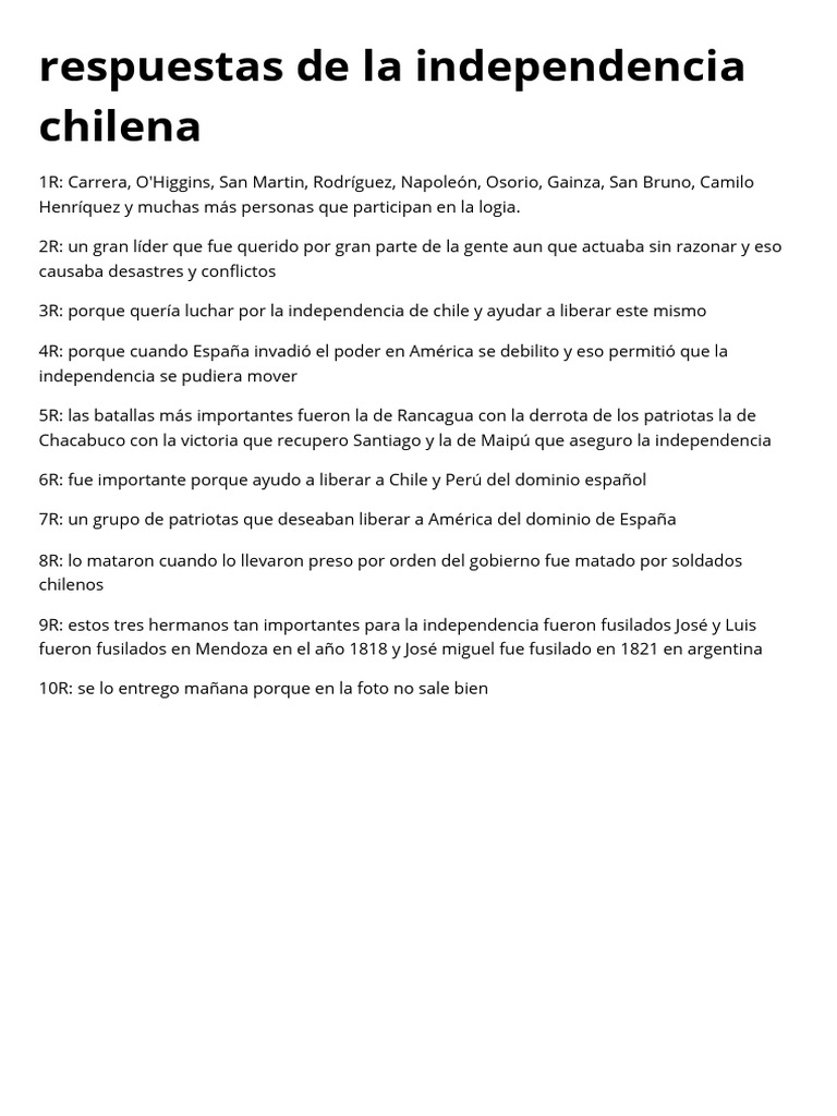 respuestas tarea de la independencia chilena | PDF