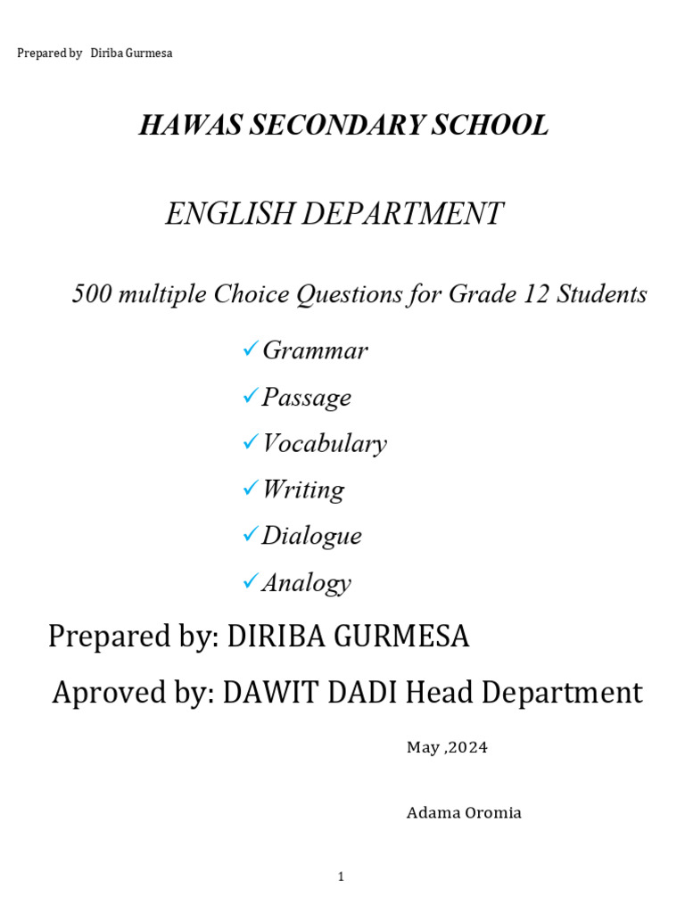 500 English Questions For Grade 12 | PDF | English Language | Multiple ...