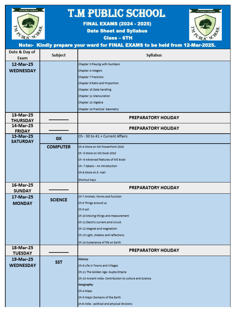 Class 6 Final Exam Date Sheet 2025 | PDF | Mathematics