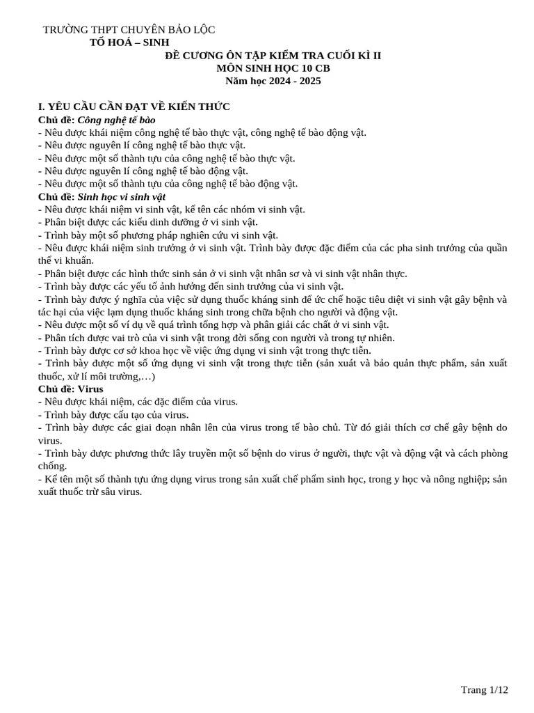 Đề Cương Sinh 10CB HKII | PDF