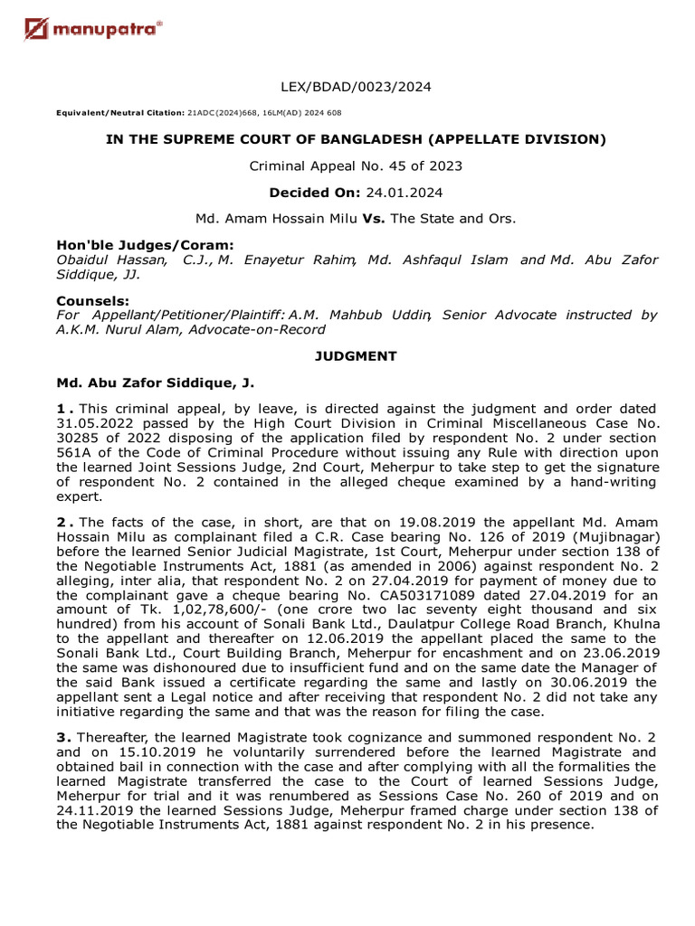 MD Amam Hossain Milu Vs The State and Ors 24012024BDAD20241411241237312COM724890 | PDF ...