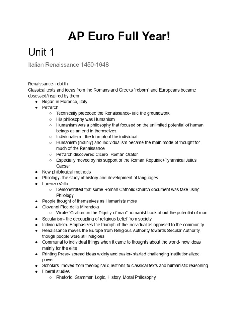 AP Euro Full Year | PDF | Renaissance | Humanism