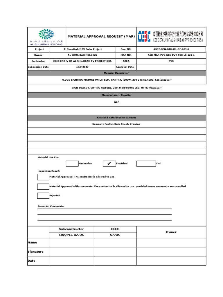 Material Approval Request (Mar) : Subconstructor Ceec Owner Sinopec Qa ...