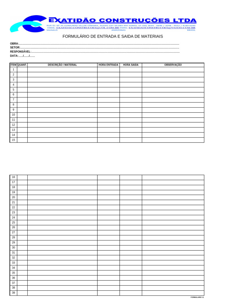 011 Formulario de Entrada e Saida de Materiais | PDF