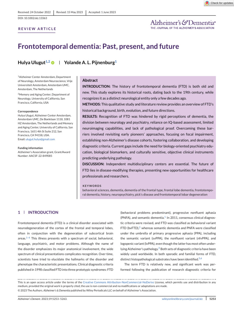 Frontotemporal Dementia: History and Future | PDF | Dementia | Nervous ...