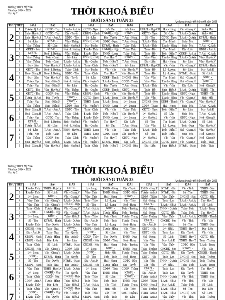 TKB HS TUẦN 33 | PDF