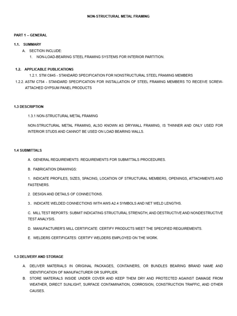 SW1 Specifications Final | PDF | Drywall | Framing (Construction)
