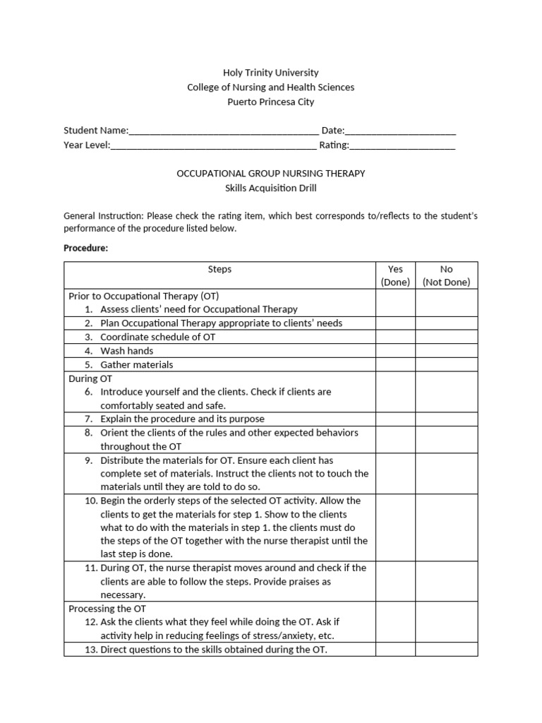 Occupationl Therapy Procedure SAD Checklist | PDF | Occupational ...