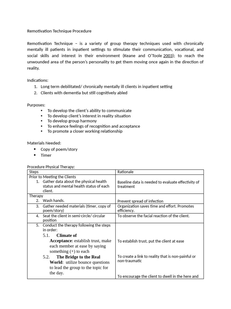 Remotivation Technique Procedure SAD CHECKLIST | PDF | Psychological ...