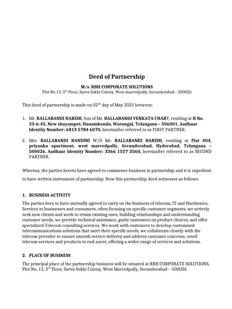 Partnership Deed for Telecom Business | PDF | Banks | Partnership