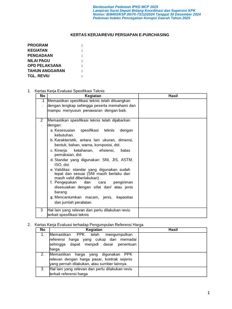 Format Reviu Dan DPP E-Purchasing Berdasarkan MCP KPK 2025 | PDF