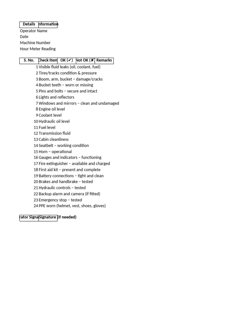 JCB Pre Start Checklist | PDF