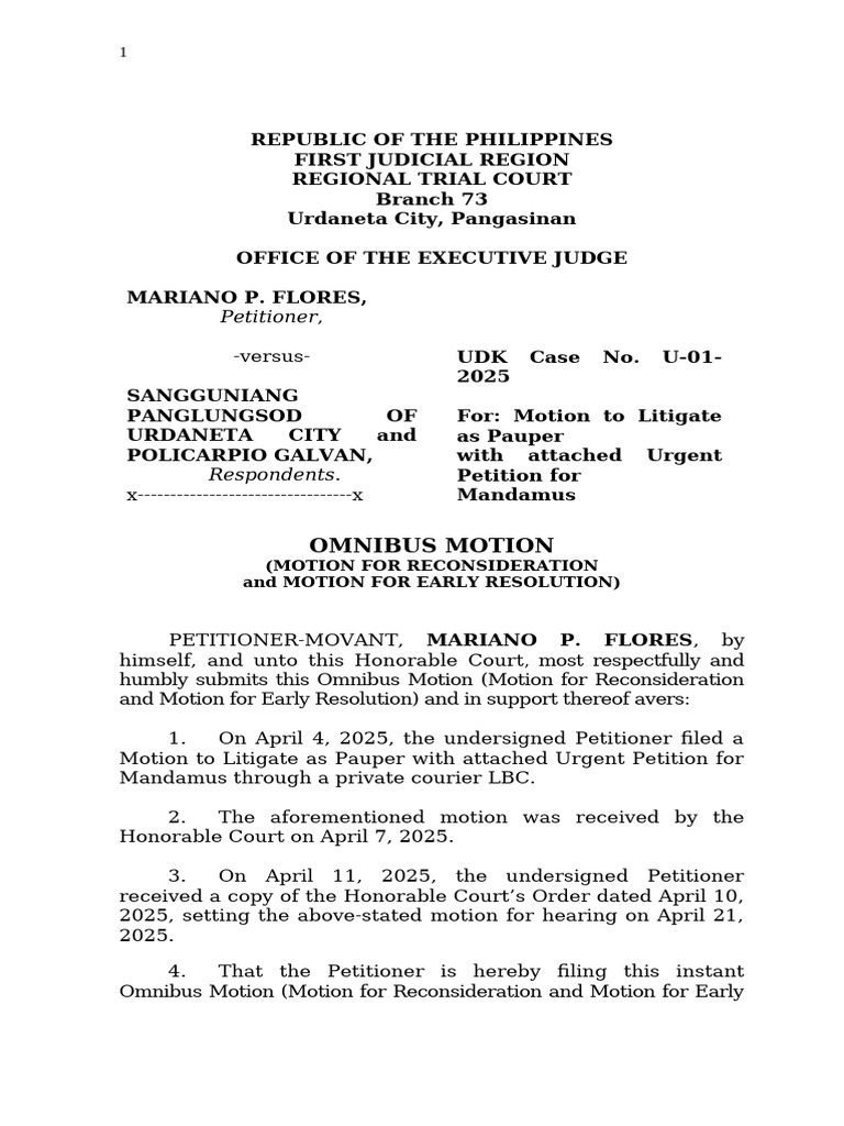 Motion For Reconsideration RTC Urdaneta | PDF | Mandamus | Lawsuit