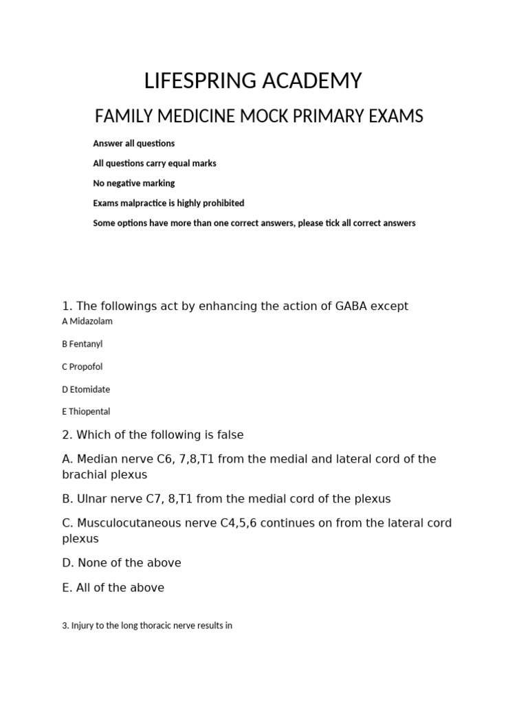 Family Medicine Mock Exam Questions | PDF | Breast Milk | Breastfeeding