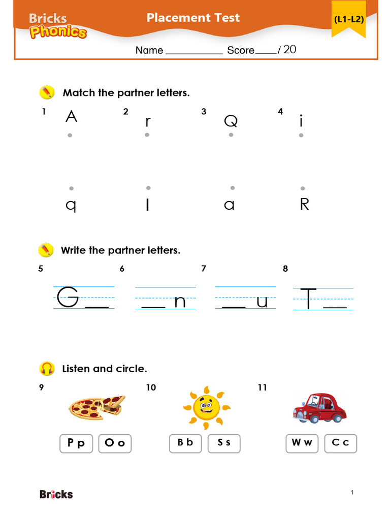 Bricks Phonics_Placement Test_L1~2 | PDF