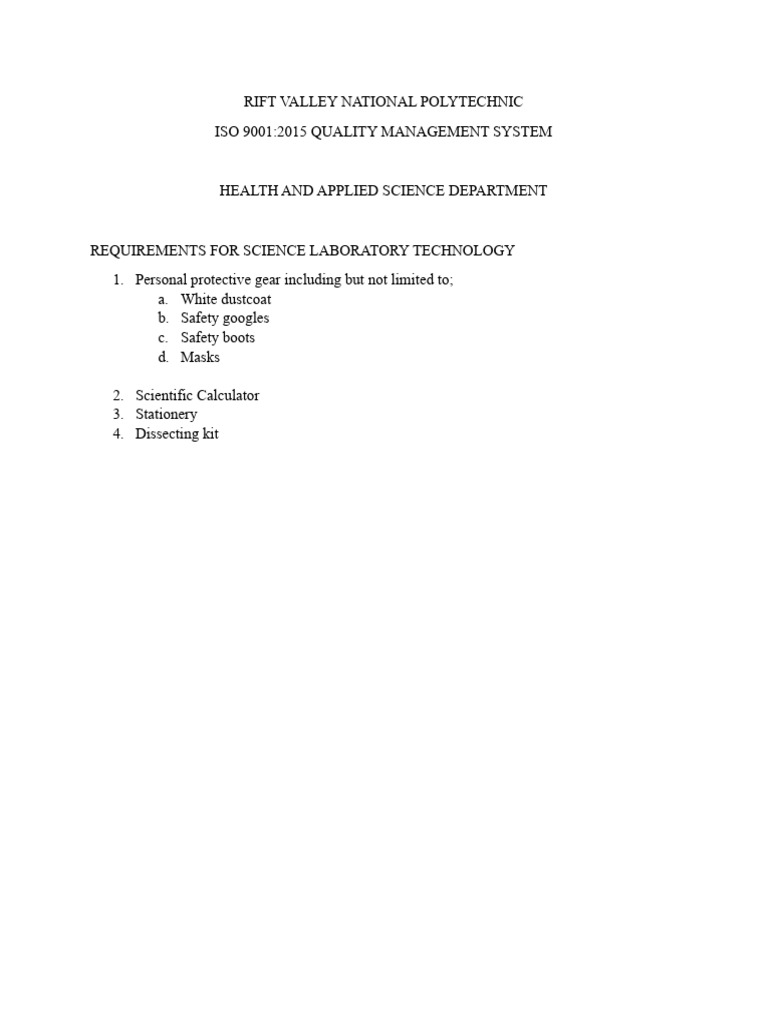 Requirements For Science Laboratory Technology | PDF