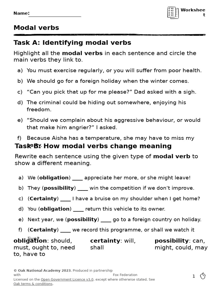 Modal Verbs Worksheet Activities | PDF