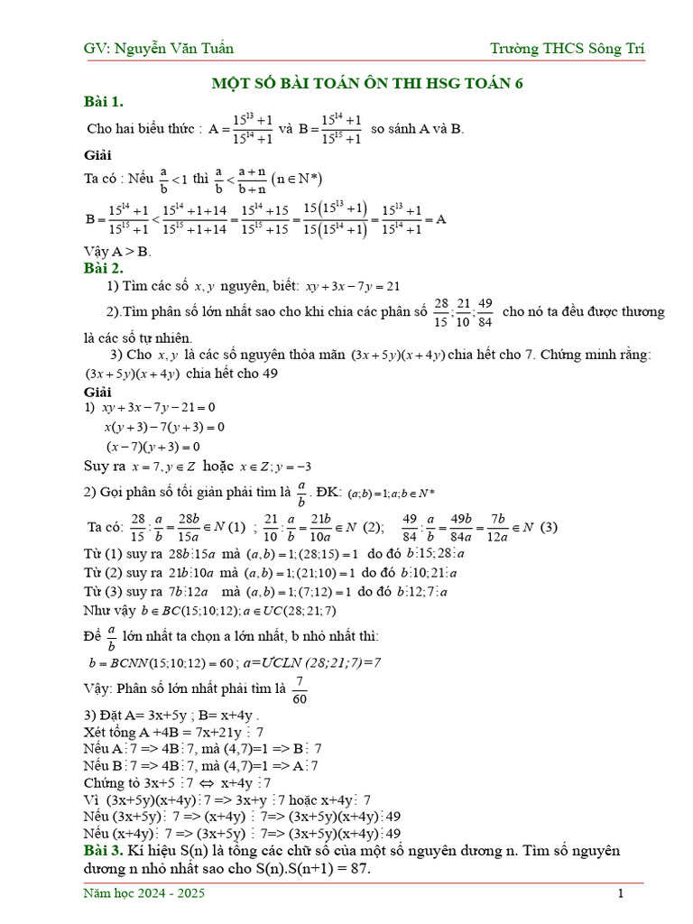 Mot So BT Chon Loc Toan 6 HSG Tuan | PDF