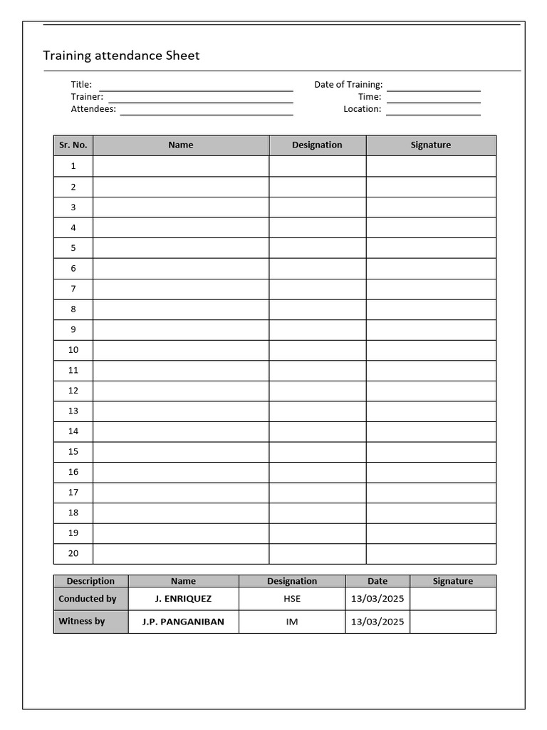 Training Attendance - Re-Induction Sheet | PDF