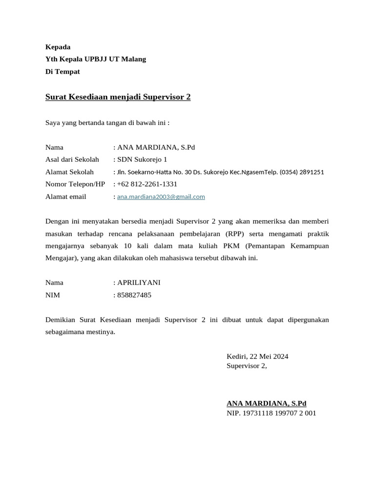 9. Surat Kesediaan Spv 2-1 | PDF