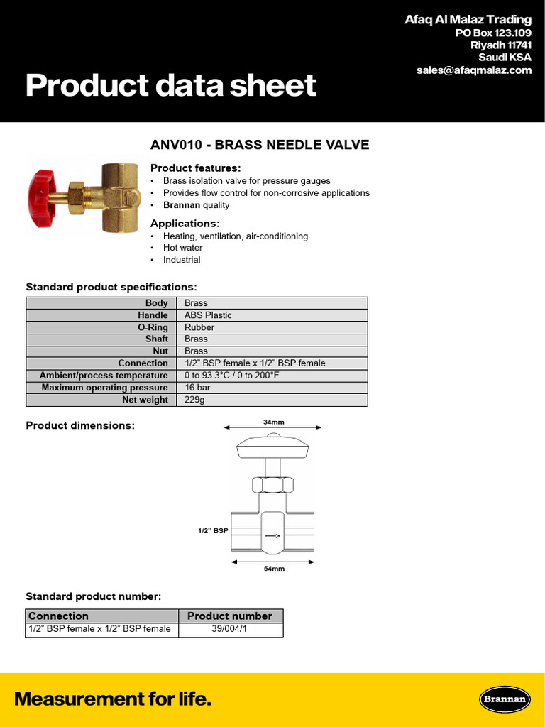 Afaq Al Malaz ANV010 Needle Valve PDS | PDF
